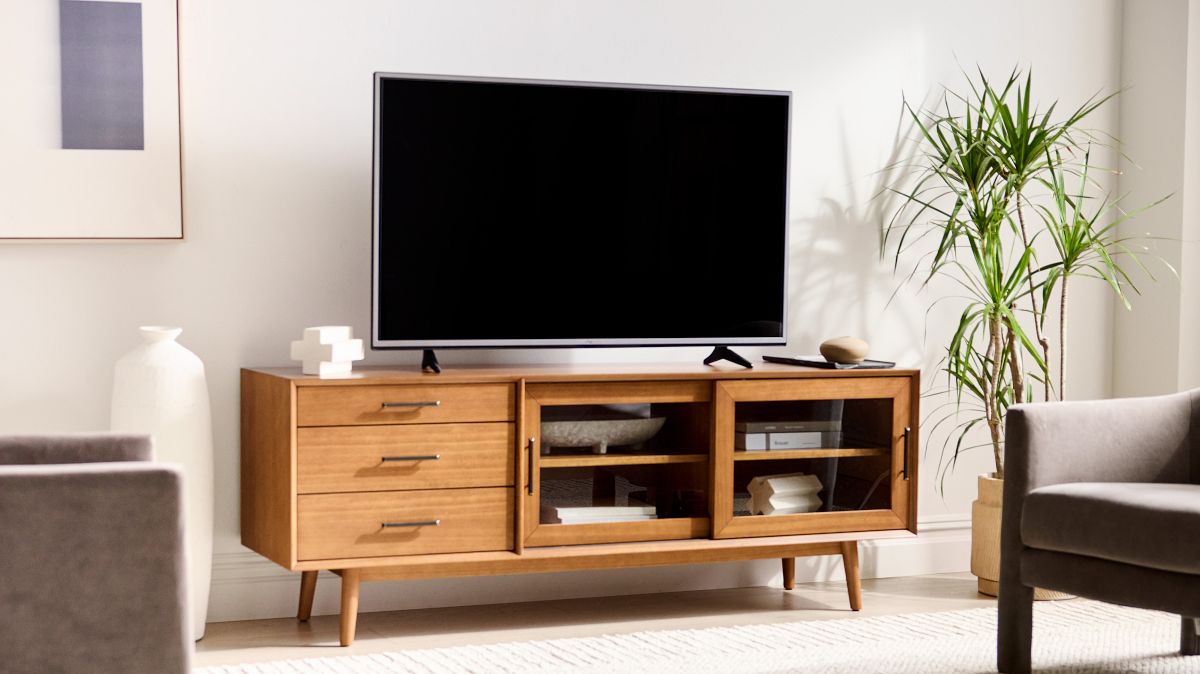 Mid Century Glass Media Console 72 80 West Elm