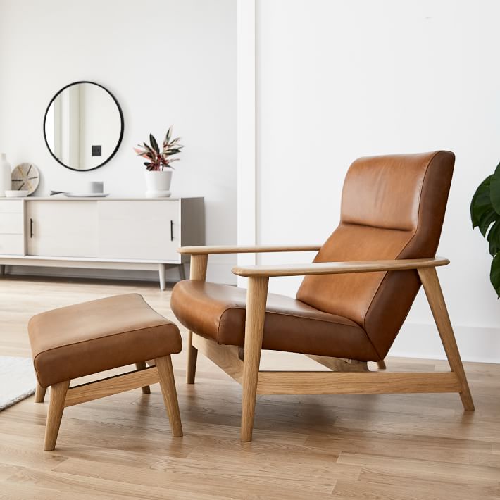 Mid Century Show Wood High Back Leather Chair Poly Saddle Leather Brown Nut Black West Elm