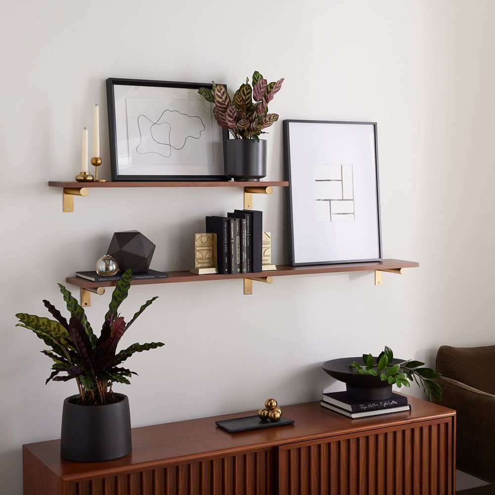 Linear Cool Walnut Wood Wall Shelves with Jordan Brackets | West Elm