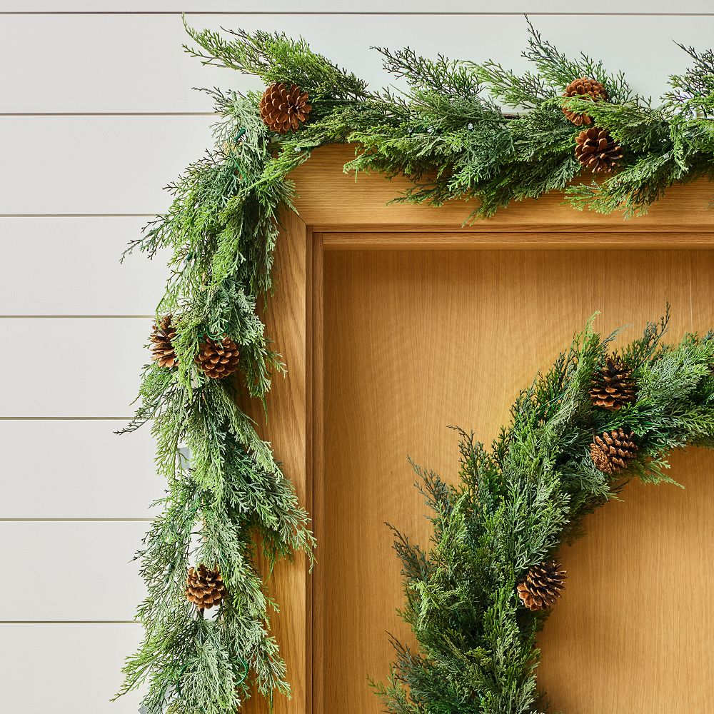 Pre-Lit Faux Cypress Pine Wreath & Garland | West Elm