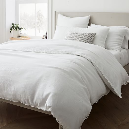European Flax Linen Pom Pom Duvet Cover & Shams | West Elm