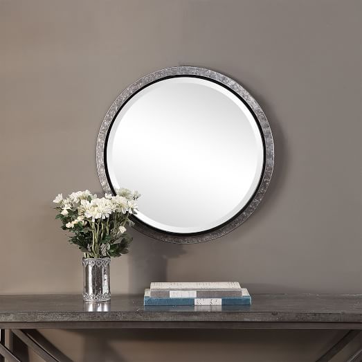 Textured Gray Round Metal Mirror - 26" | West Elm
