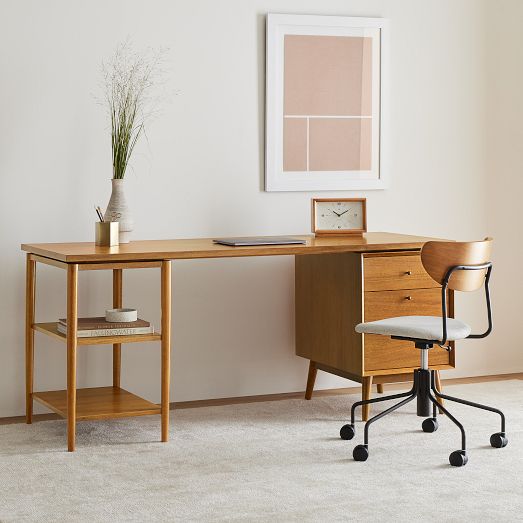 Mid-Century Modular Desk w/ File Cabinet & Shelves (70") - ADA | West Elm