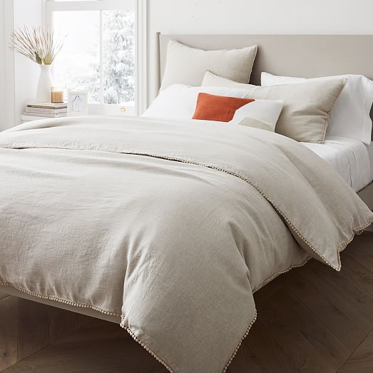 European Flax Linen Pom Pom Duvet Cover & Shams | West Elm