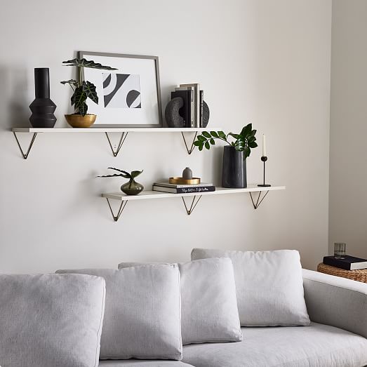 Linear White Lacquer Wall Shelves with Prism Brackets | West Elm