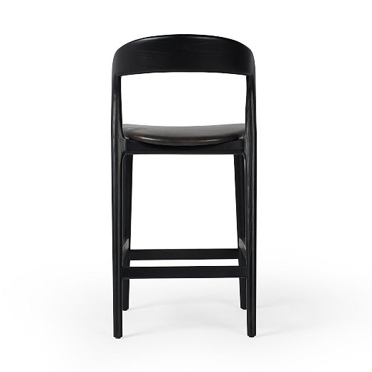 Scooped Ash Wood Leather Stool | West Elm