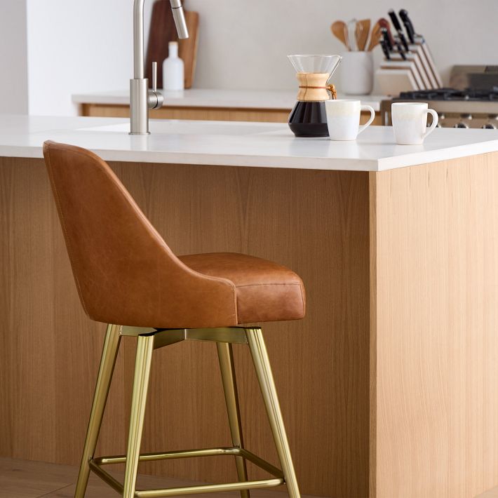 Mid-Century Leather Swivel Counter Stool - Metal Legs | West Elm