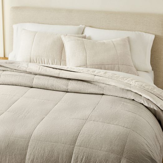 European Flax Linen Box Stitch Quilt Double Queen Natural Flax