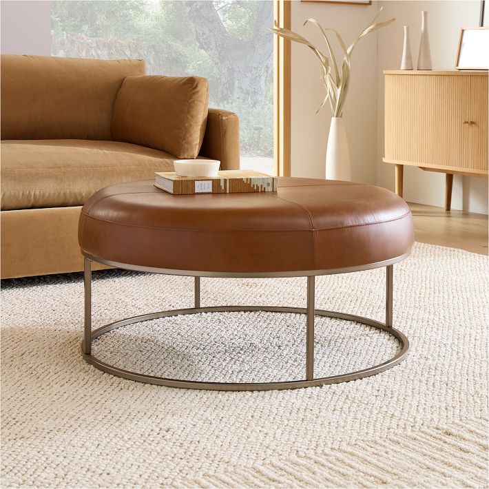 Box Frame Round Leather Ottoman | West Elm
