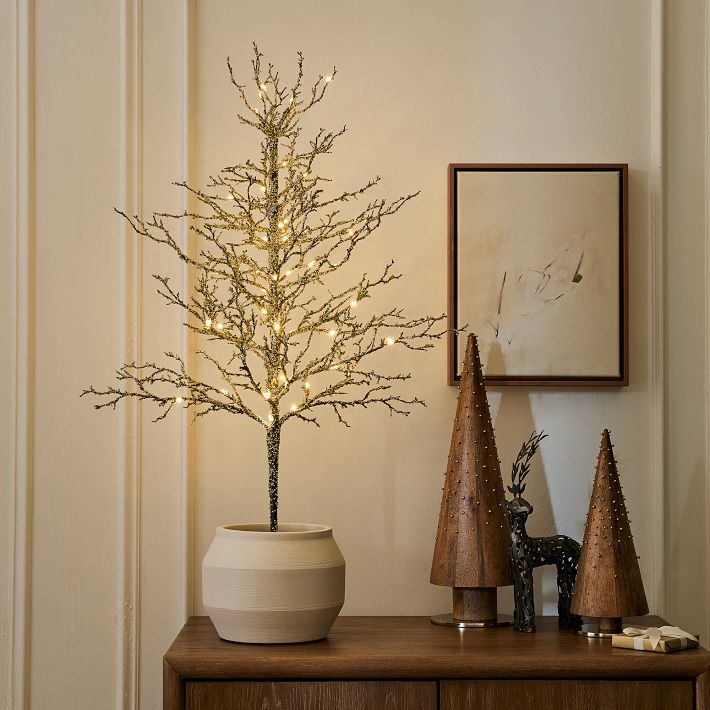 Pre-Lit Faux Potted Glitter Branch Tabletop Tree | West Elm