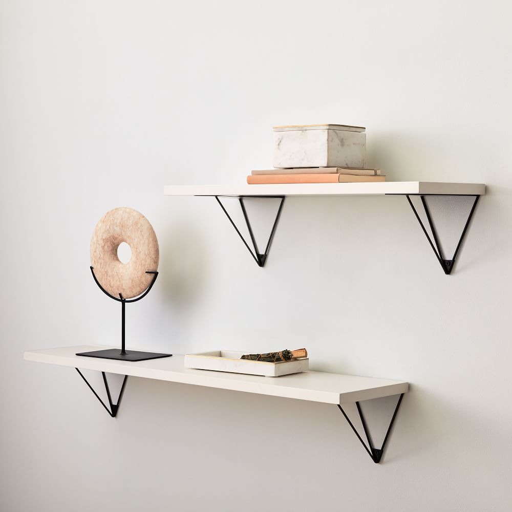 Linear White Lacquer Wall Shelves with Prism Brackets | West Elm