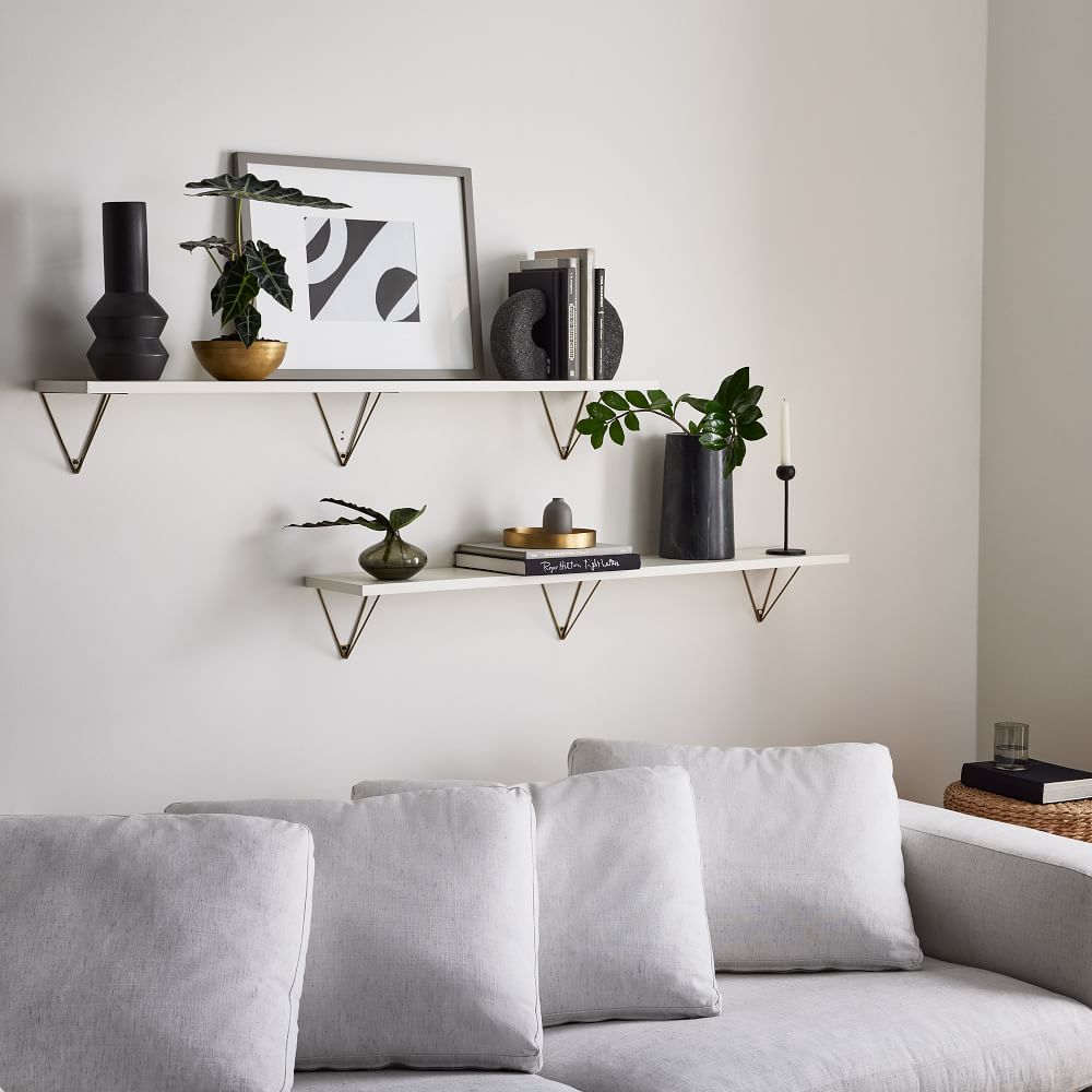 Linear White Lacquer Wall Shelves with Prism Brackets | West Elm