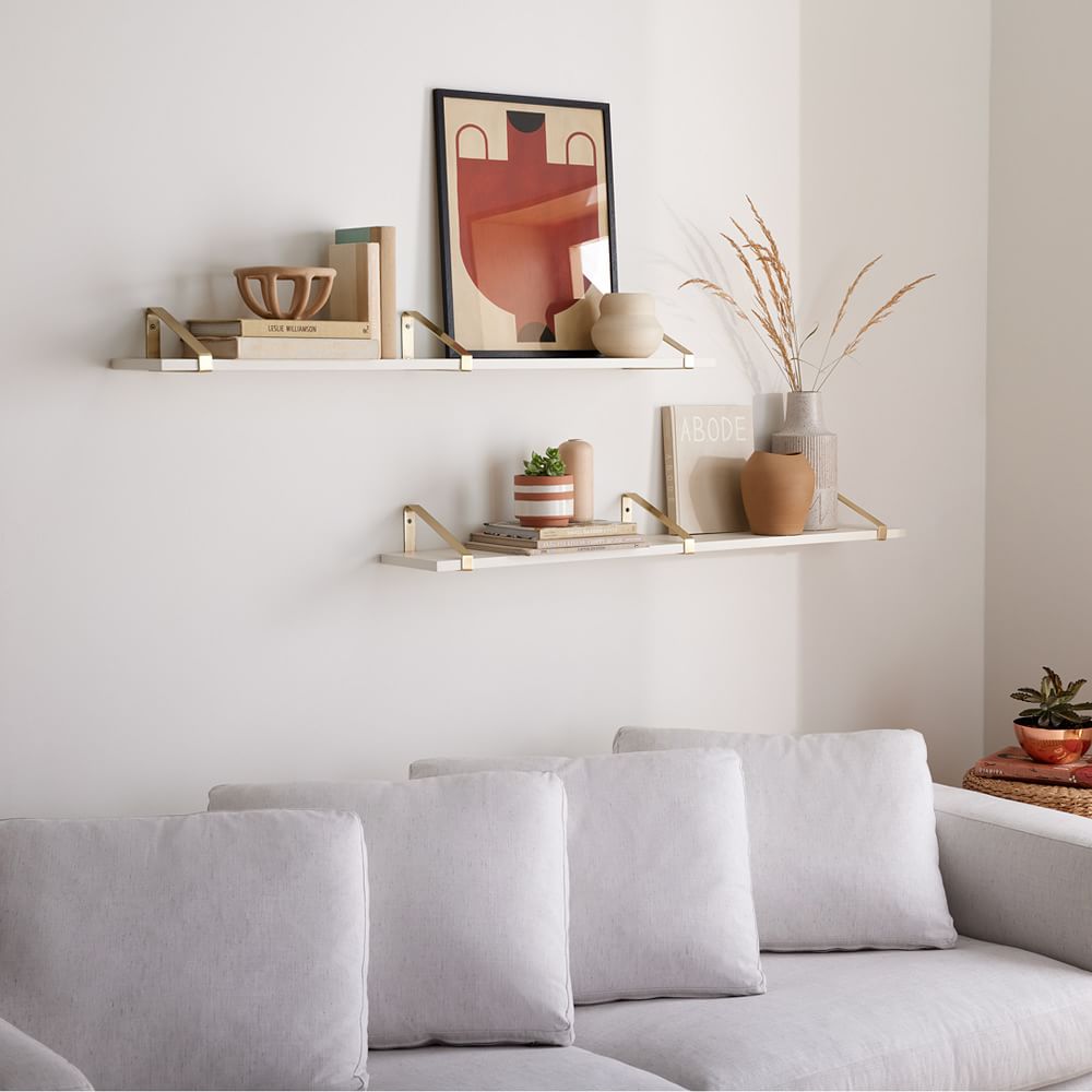 Linear White Lacquer Wall Shelves with Fairfax Brackets | West Elm