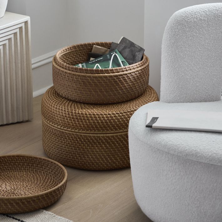 Modern Weave Rattan Round Lidded Baskets | West Elm