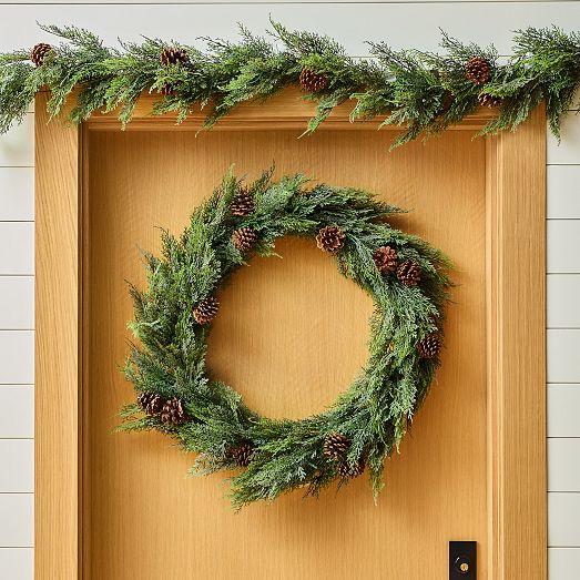 Pre-Lit Faux Cypress Pine Wreath & Garland | West Elm