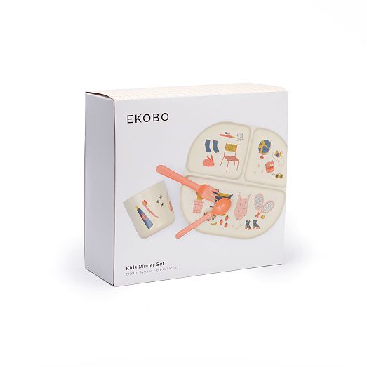 EKOBO Illustrated Bamboo Kid Dinner Set - Coral | West Elm
