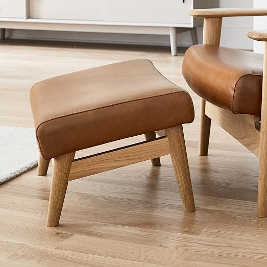 Mid-Century Show Wood High-Back Leather Chair & Ottoman Set | West Elm