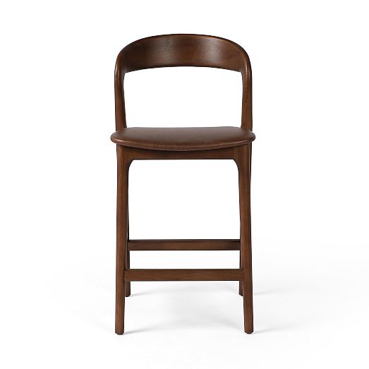 Scooped Ash Wood Leather Stool | West Elm