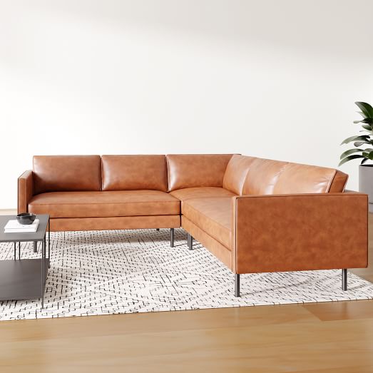 Axel 95 3 Piece L Shaped Sectional Weston Leather Brown Molasses Metal West Elm