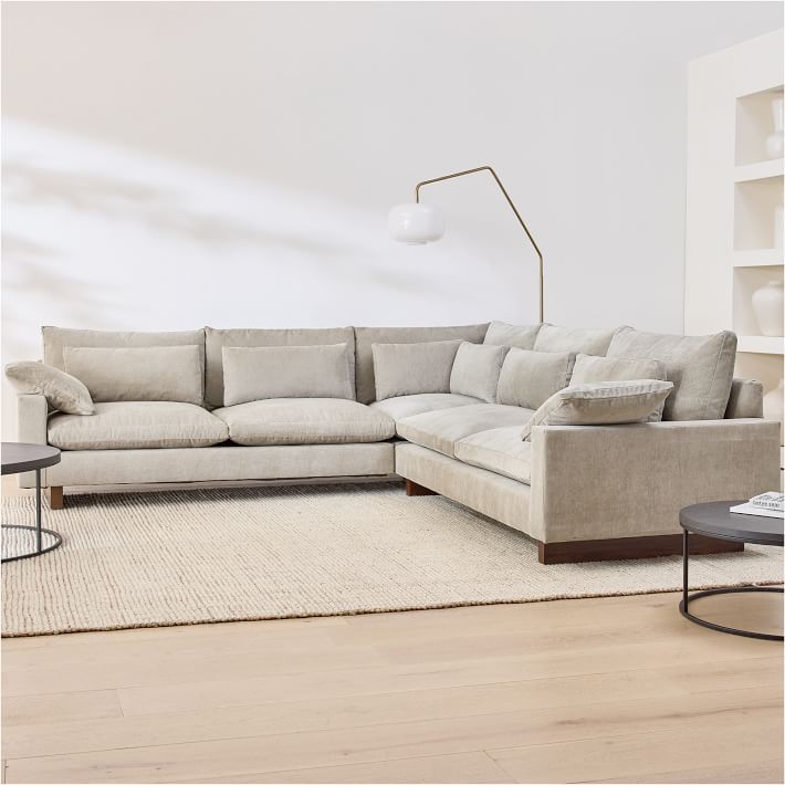 Harmony Petite 2 Seat Sofa Bench 3 Piece Corner Sectional Deluxe Velvet Green Green Spruce Dark Walnut West Elm