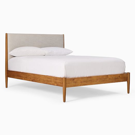 Mid Century Upholstered Bed Queen Feather Gray Performance Basket Slub Acorn West Elm