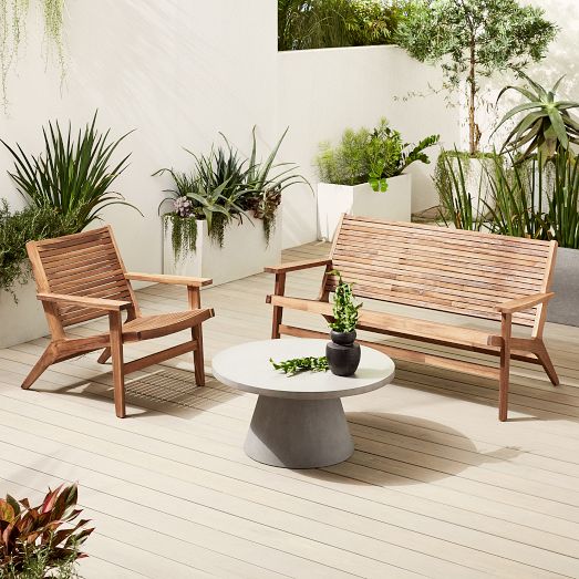 Acadia Acacia Teak Outdoor Lounge Set Love Seat Lounge Chair Concrete Pedestal Outdoor 32 in Round Coffee Table Gray Concrete West Elm