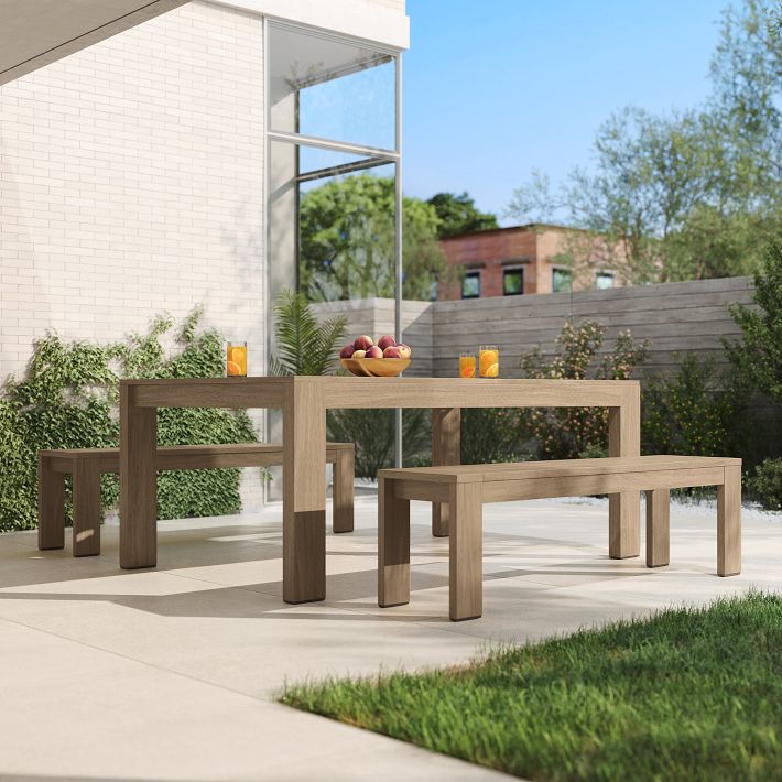 Telluride Outdoor Extendable Dining Table (76"–106") & Dining Benches ...