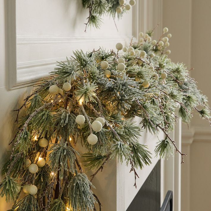 Pre-Lit Faux Pine and Frosted White Berry Garland | West Elm