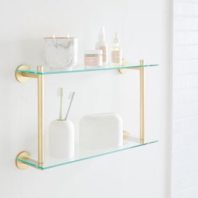 Open Box: Modern Overhang Double Glass Bathroom Shelf - Antique Brass ...